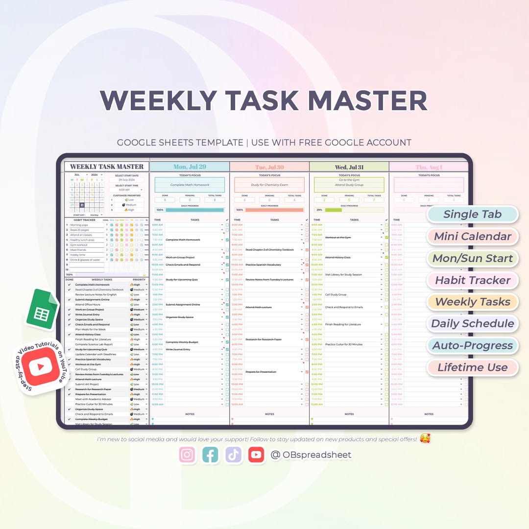 Weekly Task Master - Google Sheets Template - Daily Checklist - Weekly ...