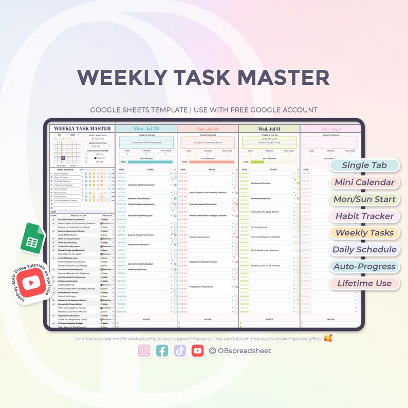 Weekly Task Master - Google Sheets Template - Daily Checklist - Weekly ...