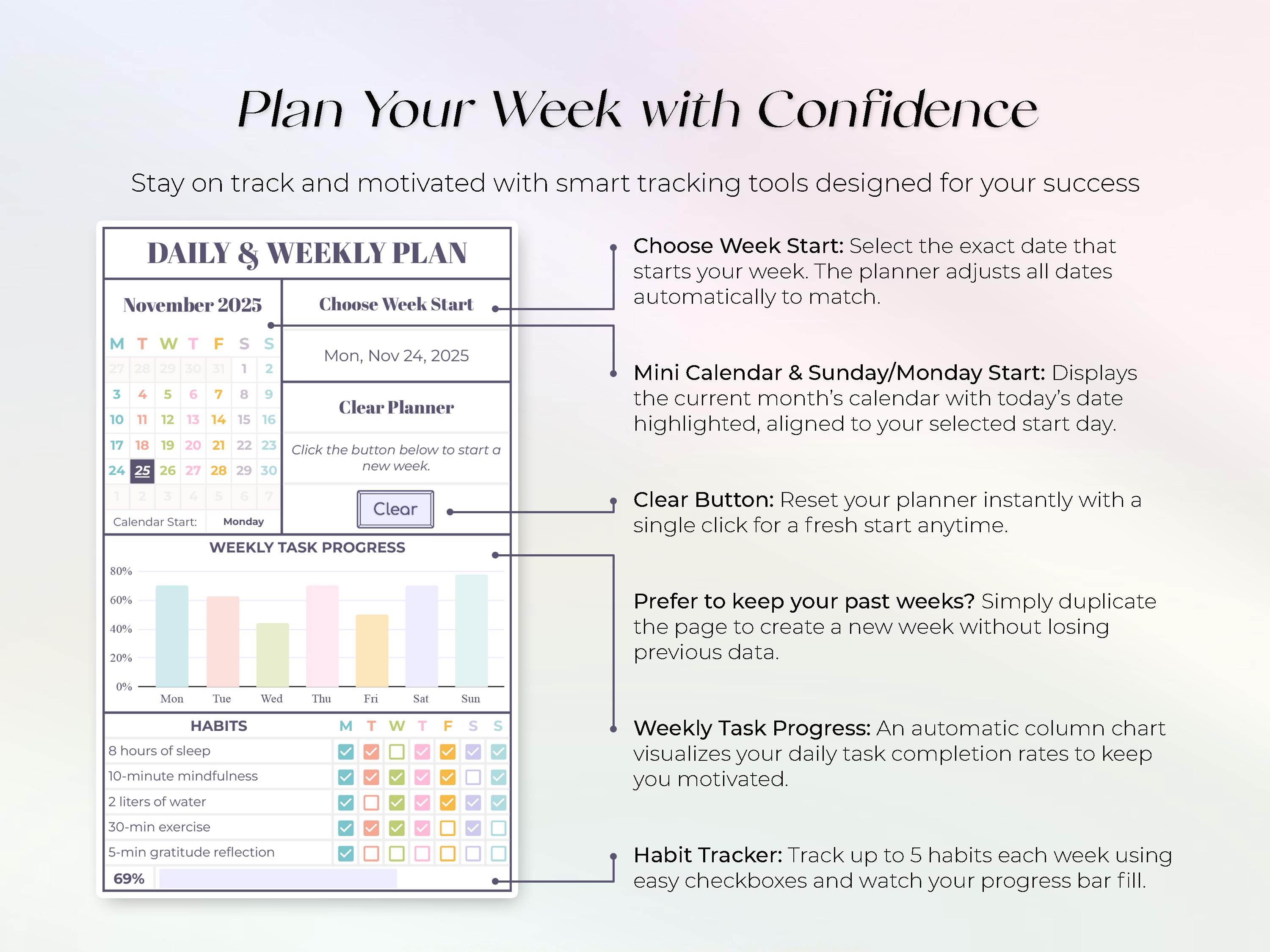 Daily & Weekly Plan + Clear Button - ADHD Planner - Excel and Google ...