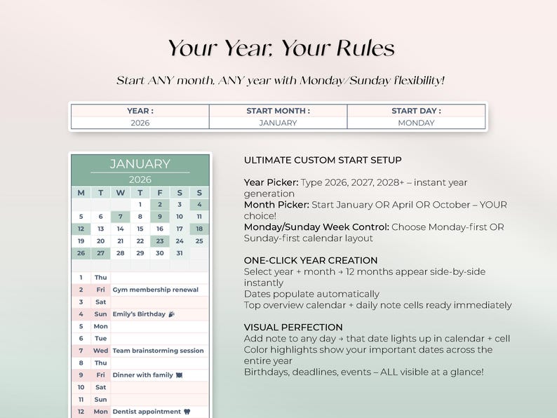 Annual Planner - 2026 & Future Years - Events, Birthdays, Daily Notes ...