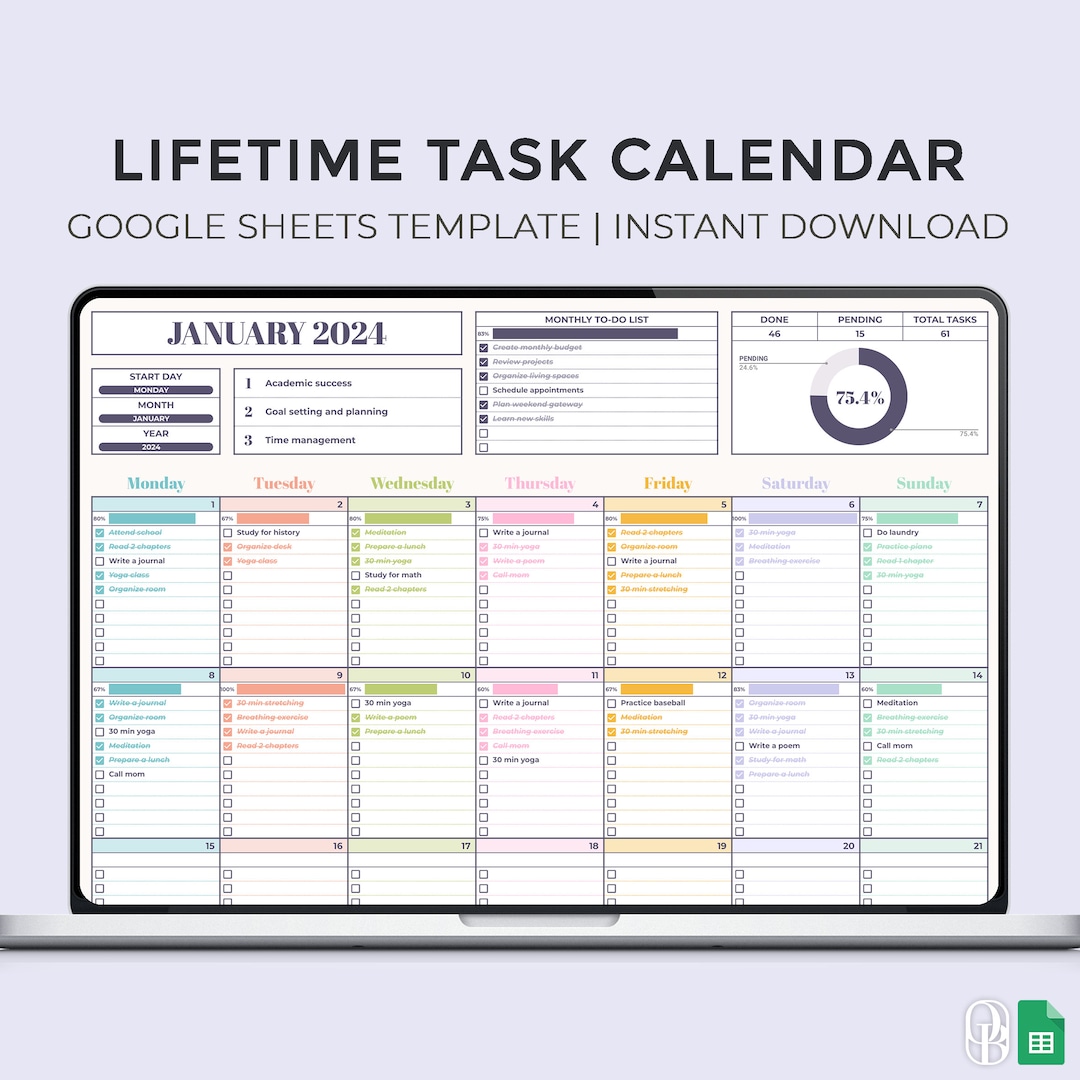 Lifetime Task Calendar - Monthly Calendar - 2025 - Unlimited Years - Sunday & Monday Start ...