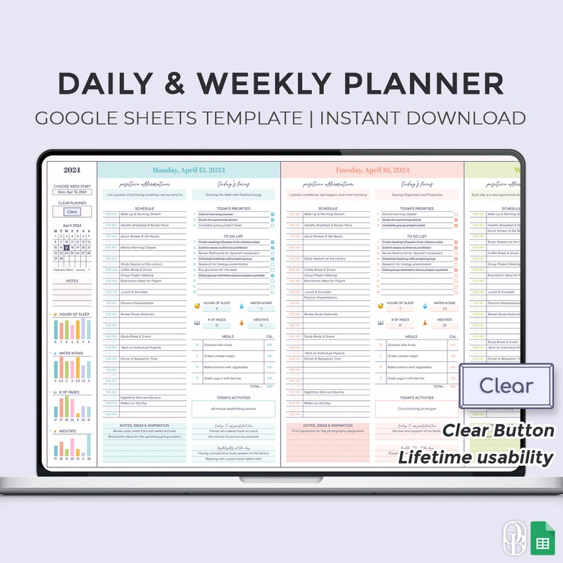 Daily & Weekly Planner Clear Button Google Sheets Template Daily ...