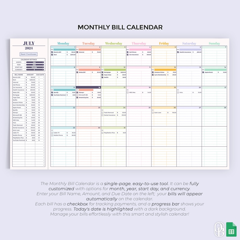 Monthly Bill Calendar - Smart Calendar - Bill Tracker - Google Sheets ...