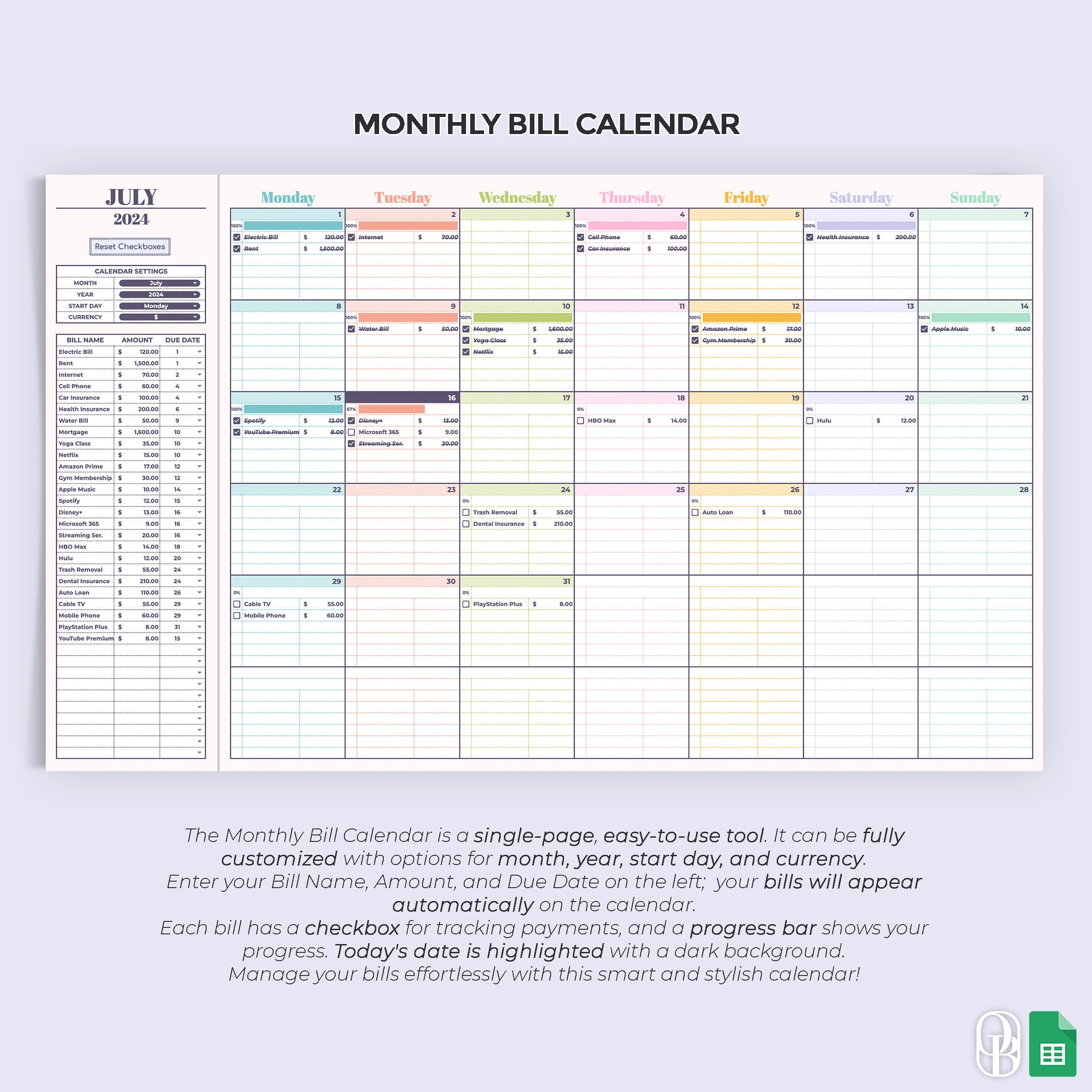 Monthly Bill Calendar - Smart Calendar - Bill Tracker - Google Sheets ...