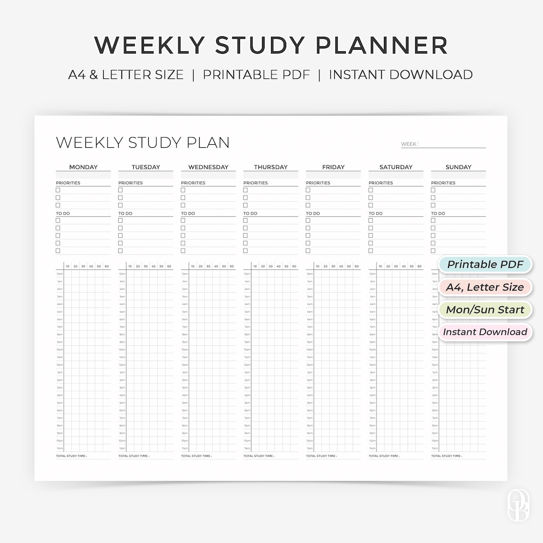 24-hour Weekly Study Plan - Monday/sunday - A4 and Letter - Undated ...