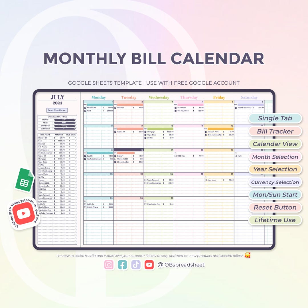 Monthly Bill Calendar - Smart Calendar - Bill Tracker - Google Sheets ...