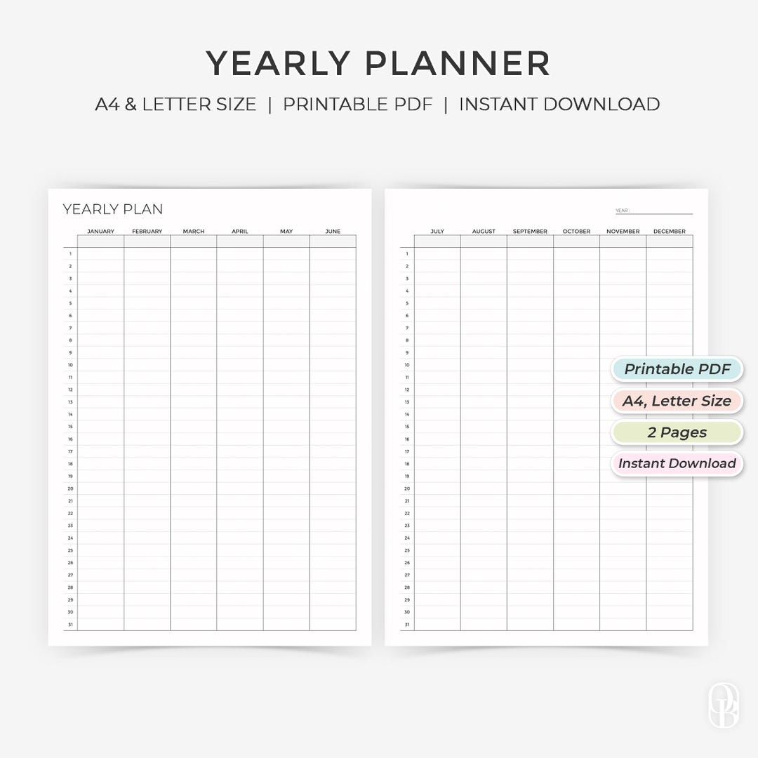 Yearly Plan - 2 Pages - A4 and Letter Size - Undated Planner - Portrait ...