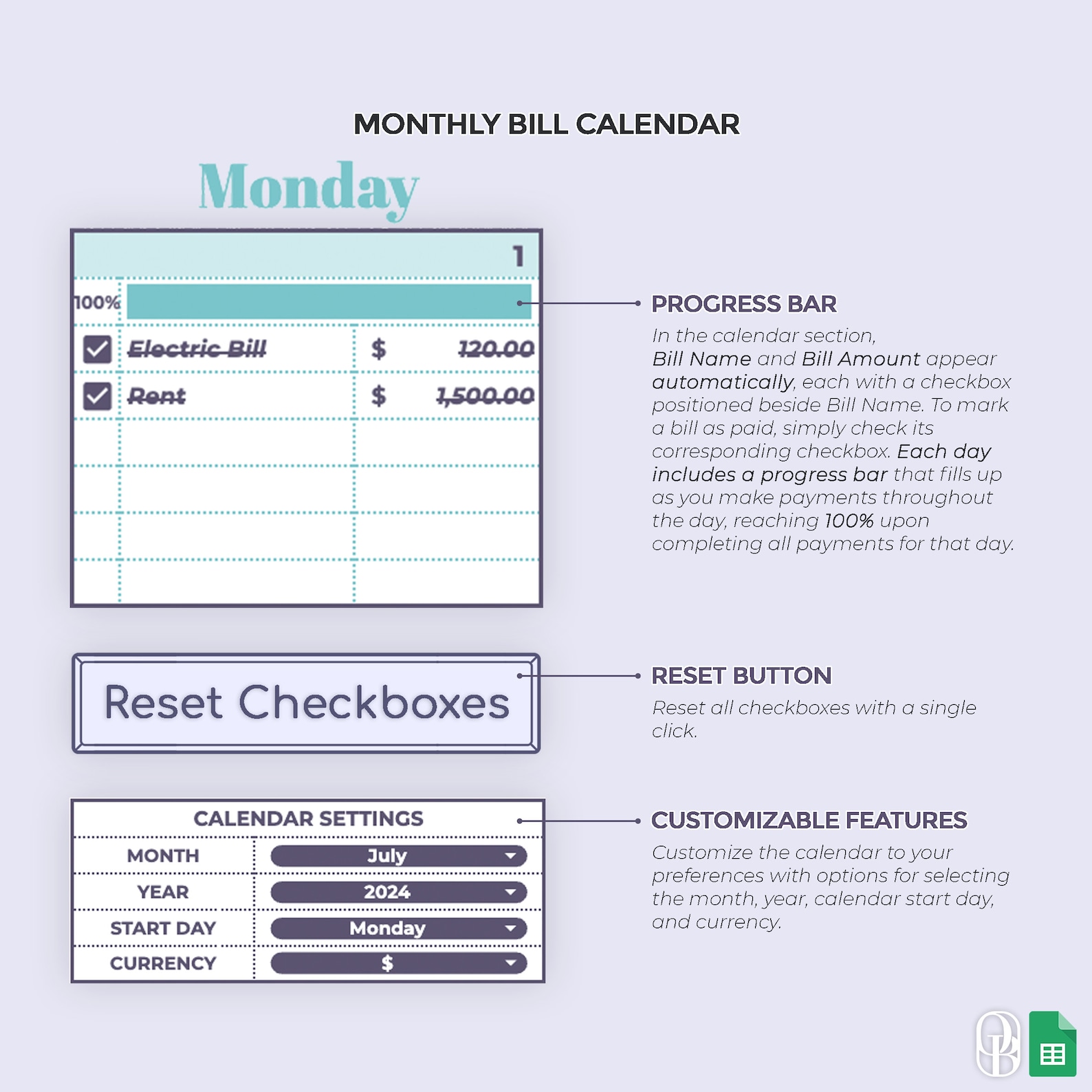 Monthly Bill Calendar - Smart Calendar - Bill Tracker - Google Sheets ...