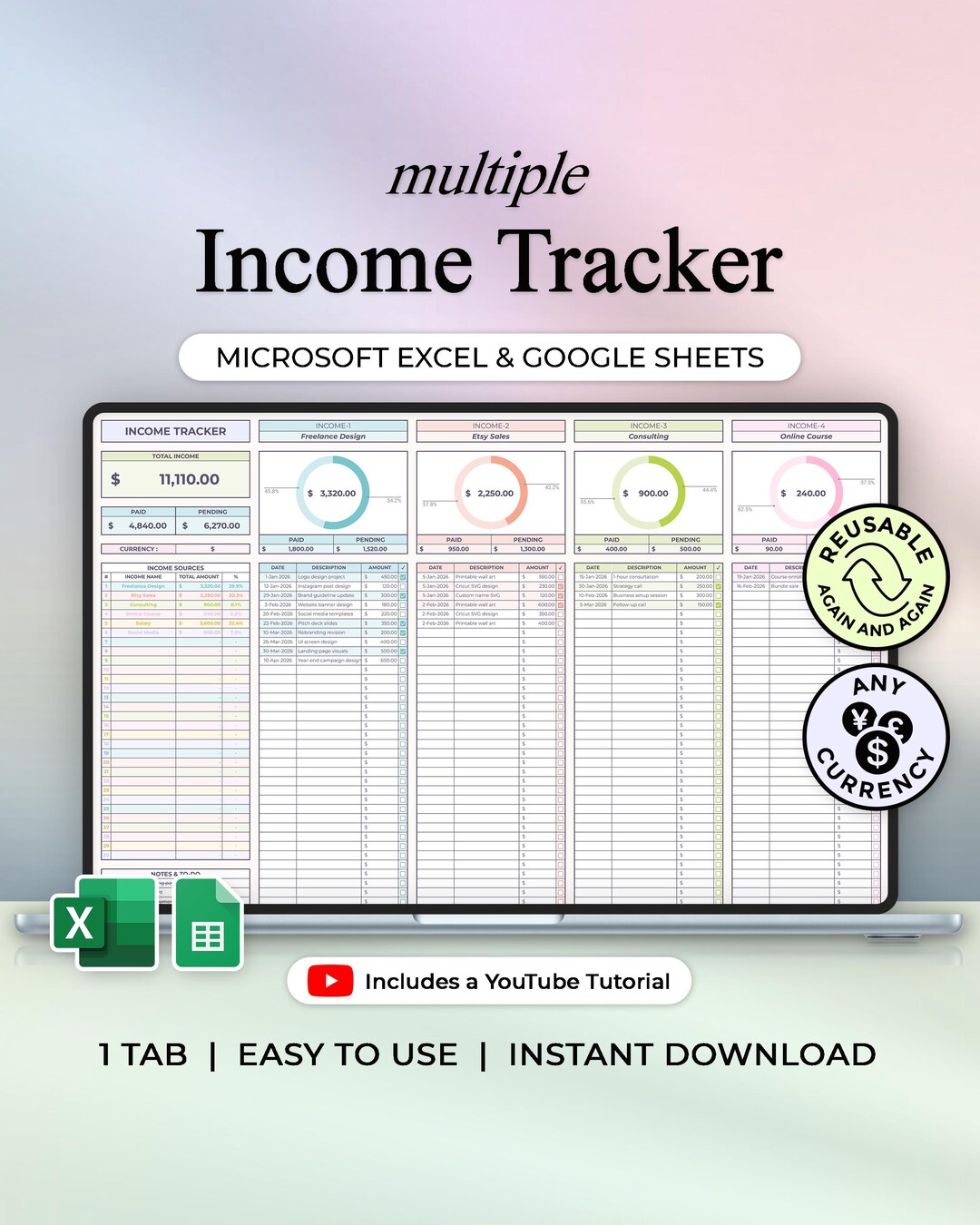 Multiple Income Tracker - Excel and Google Sheets - Pastel Theme ...