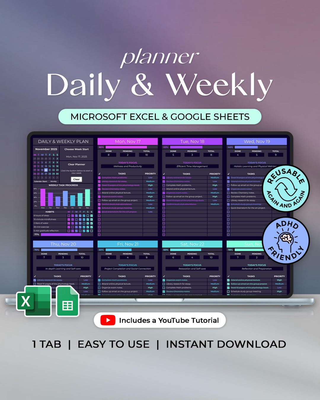 Daily & Weekly Plan + Clear Button - ADHD Planner - Excel and Google ...