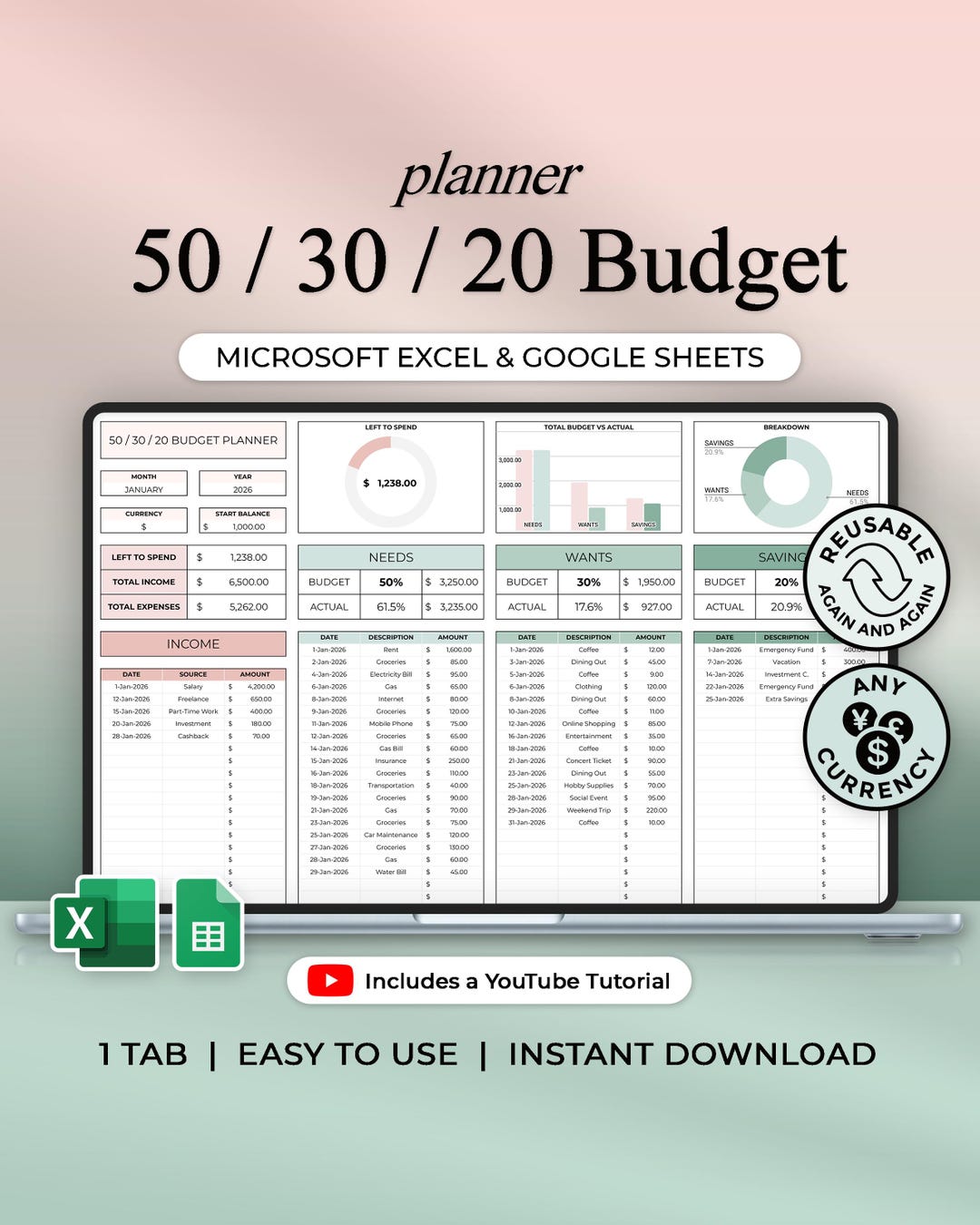 50 / 30 / 20 Budget Planner - Simple Monthly Budget - 50 30 20 Rule ...