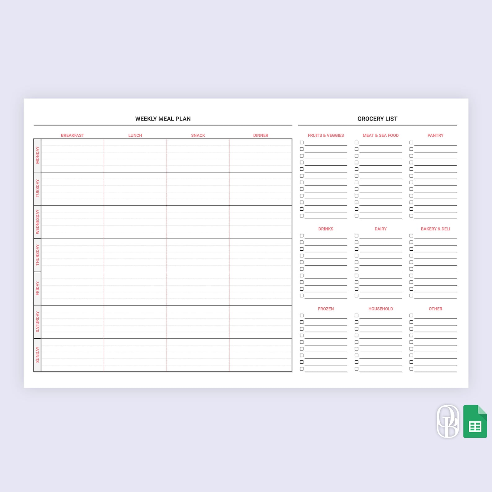 Weekly Meal Plan & Grocery List - Food Shopping List - Meal Planner ...