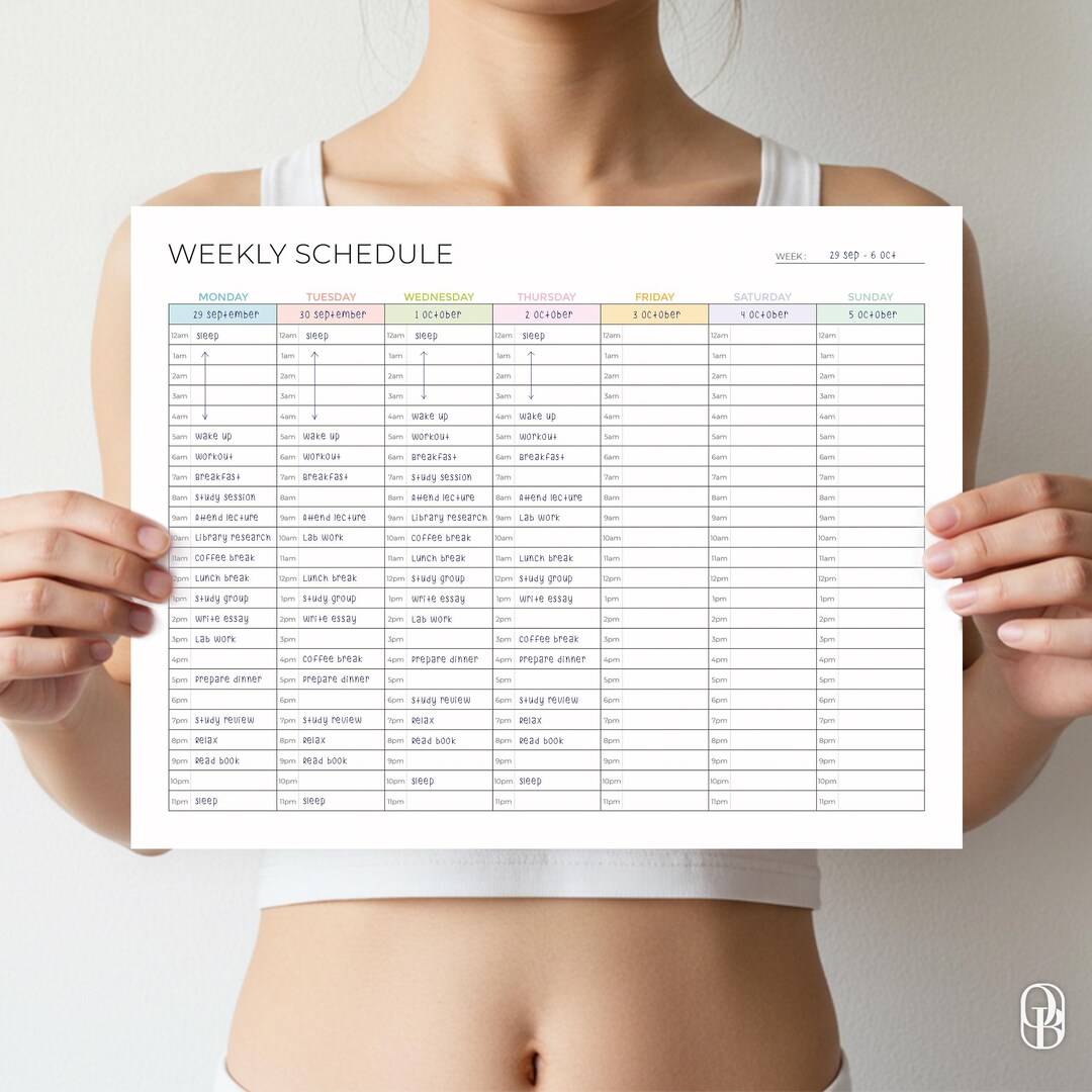 24-hour Weekly Schedule - Monday and Sunday - A4 and Letter Size ...