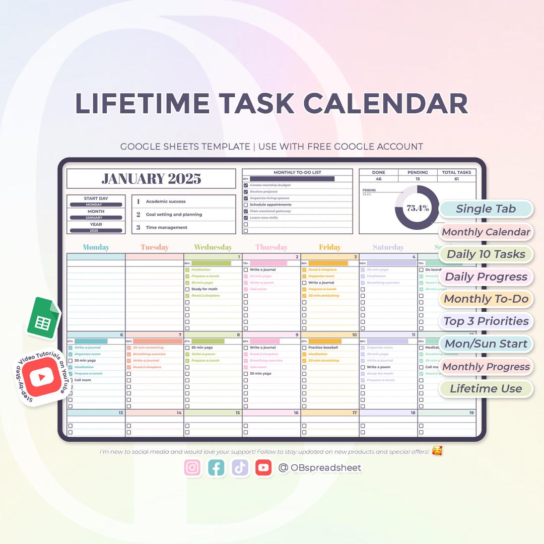 Lifetime Task Calendar - Monthly Calendar - 2025 - Unlimited Years ...