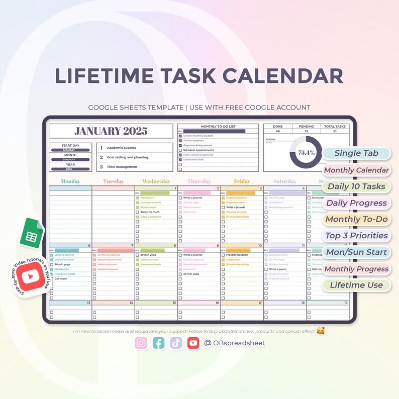 Lifetime Task Calendar - Monthly Calendar - 2025 - Unlimited Years ...