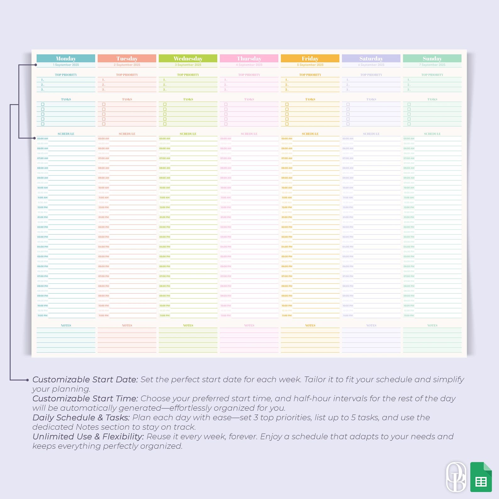 Customizable Weekly Schedule: 30-minute Intervals - Google Sheets ...