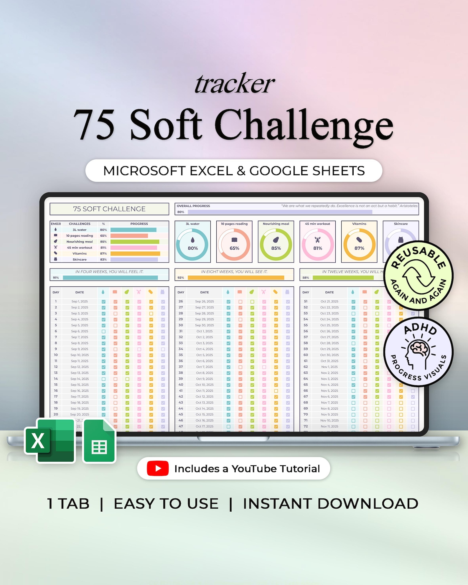 75 Soft Challenge - Habit Tracker - Excel and Google Sheets Template ...
