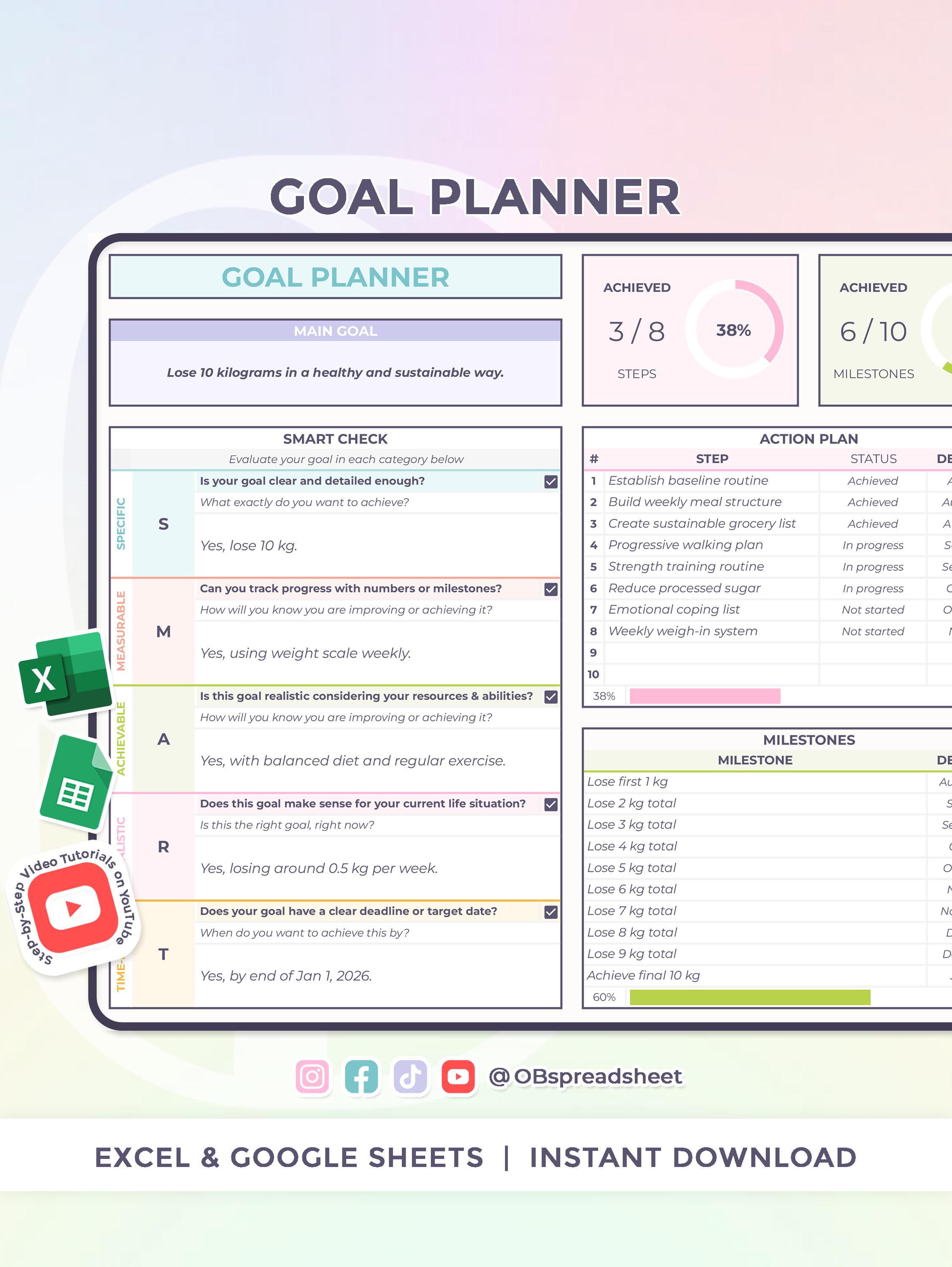 Goal Planner - Action Plan - Milestones - Smart Goal Tracker - Excel ...