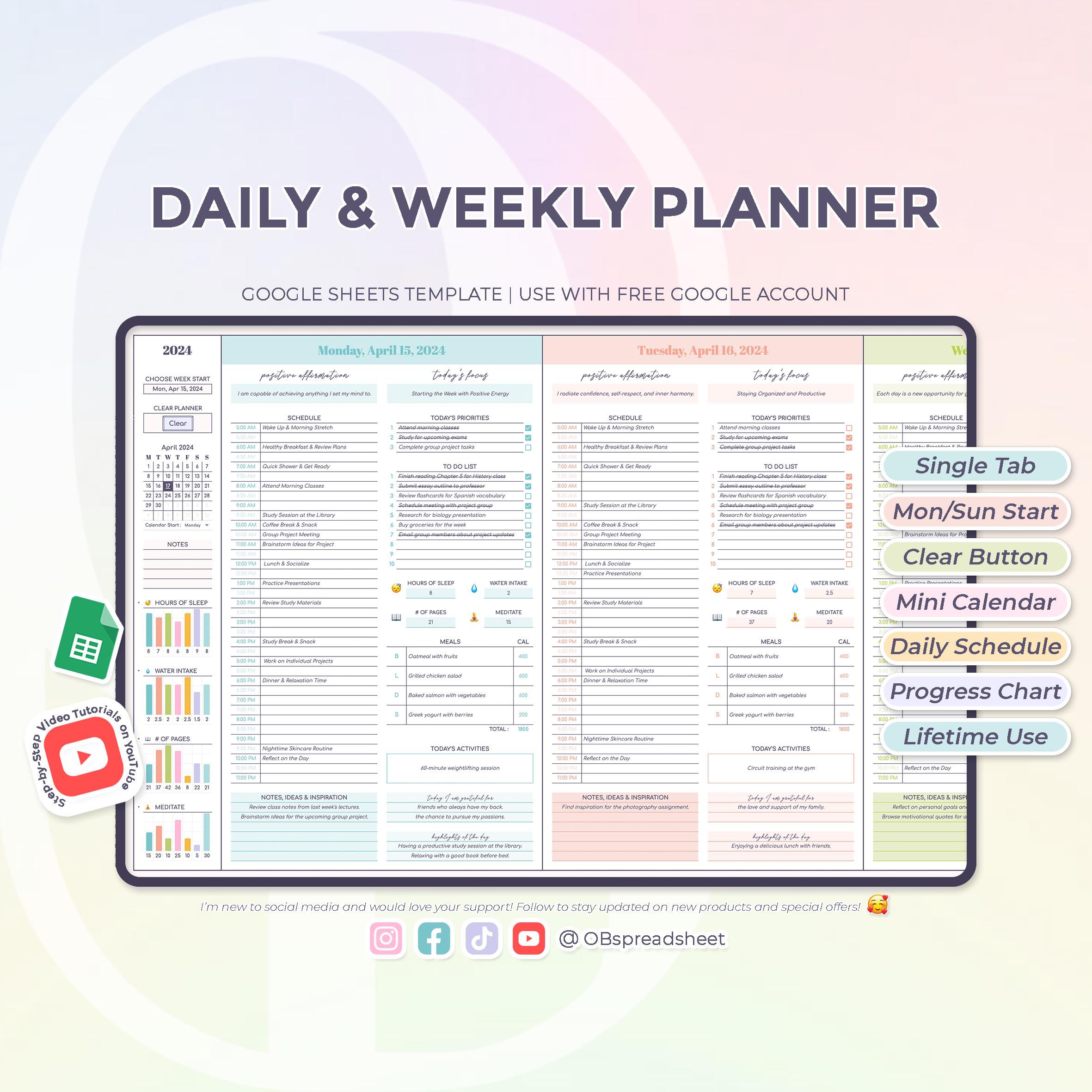 Daily & Weekly Planner - Clear Button - Google Sheets Template - Daily ...