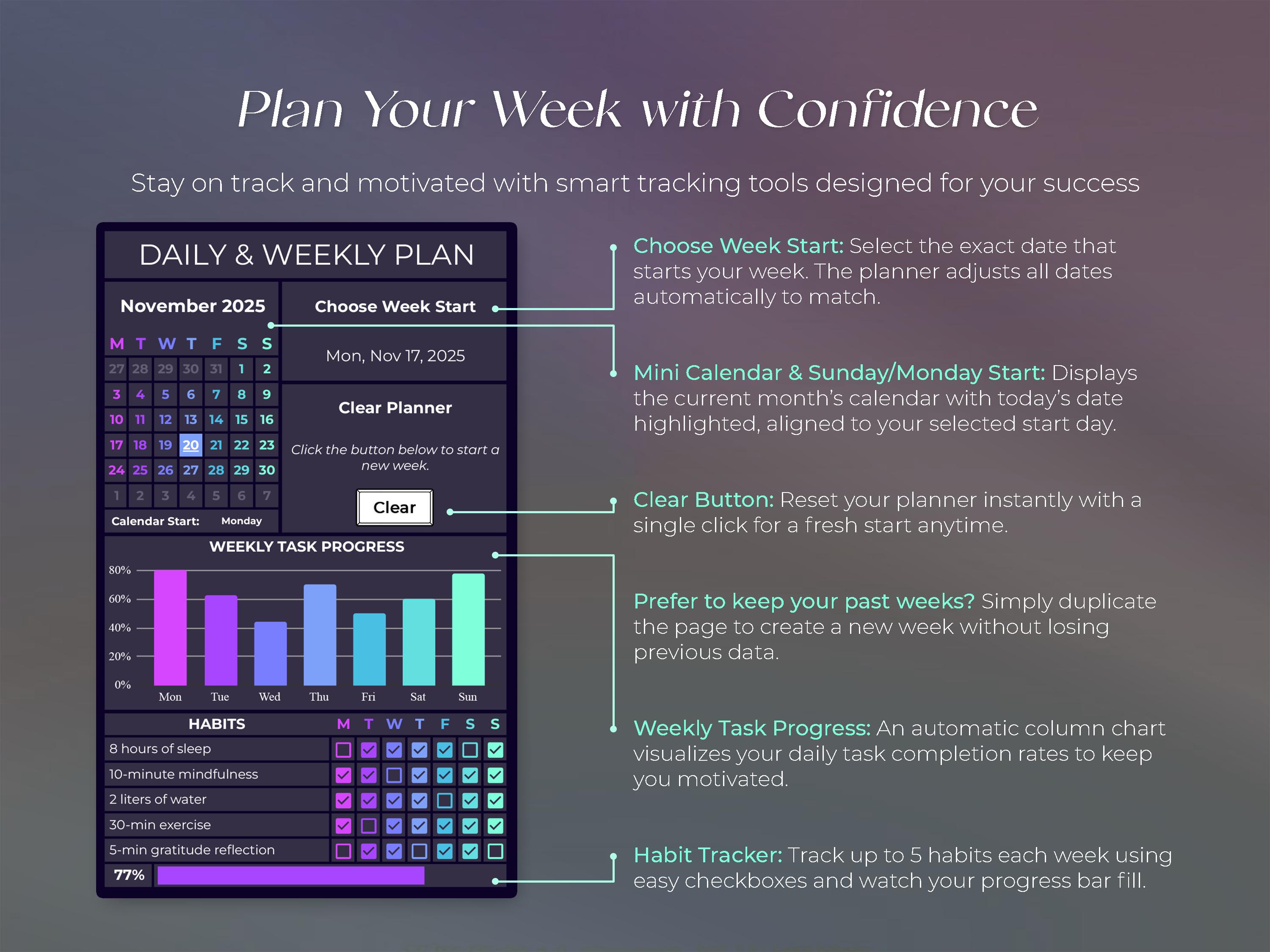 Daily & Weekly Plan + Clear Button - ADHD Planner - Excel and Google ...