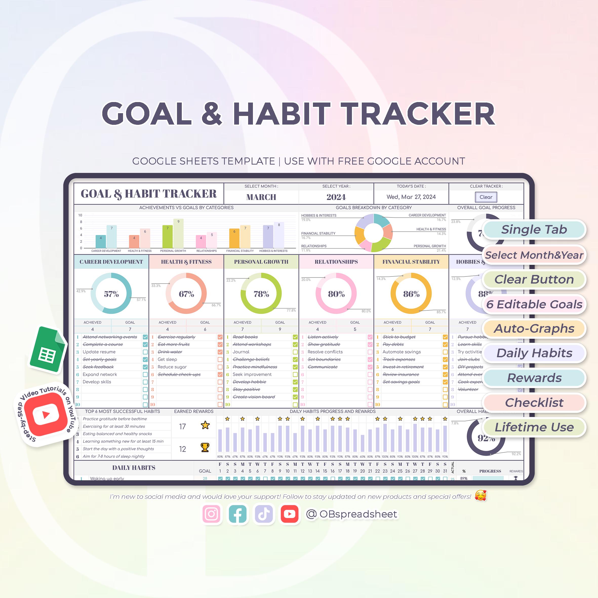 Monthly Goal & Habit Tracker - Google Sheets Template - Planner ...