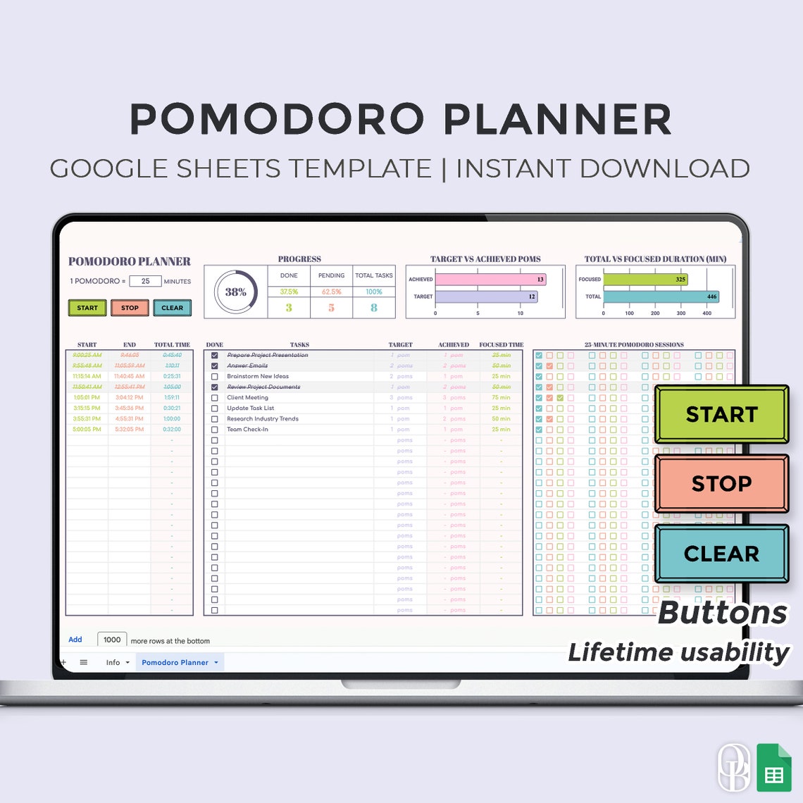 Pomodoro Planner Time Management Productivity Planner Study Sessions ...
