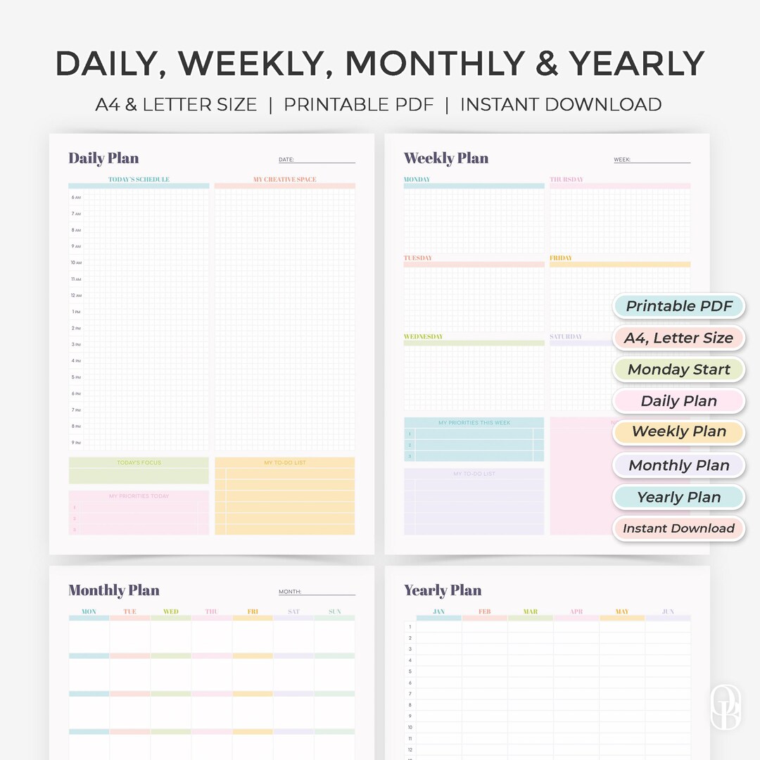 Daily, Weekly, Monthly & Yearly Plan - ADHD Planner Bundle - Monday ...