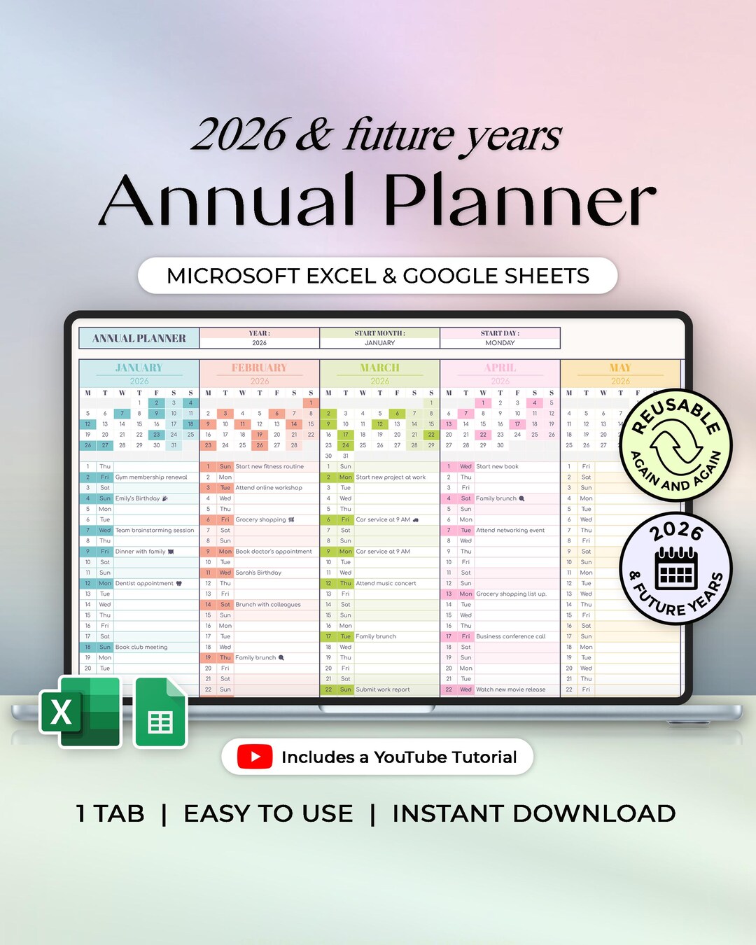 Annual Planner - 2026 & Future Years - Events, Birthdays, Daily Notes ...