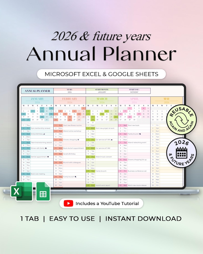 Annual Planner - 2026 & Future Years - Events, Birthdays, Daily Notes ...