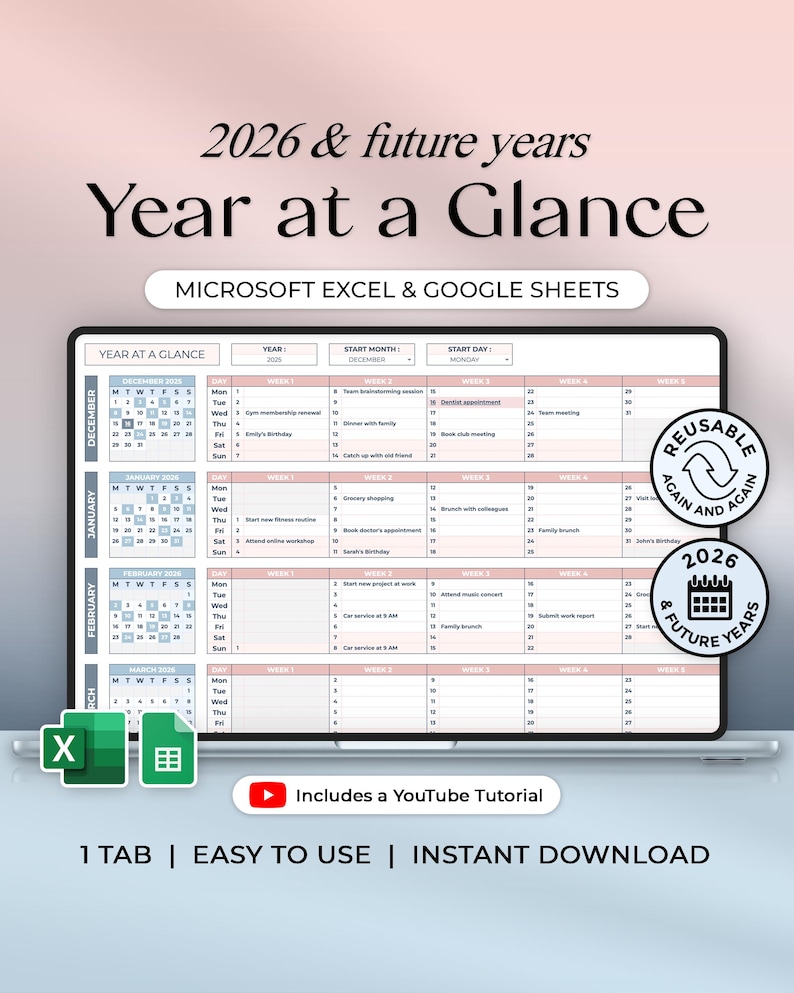 Year at a Glance - 2026 & Future Years - Annual Planner - Yearly Plan ...