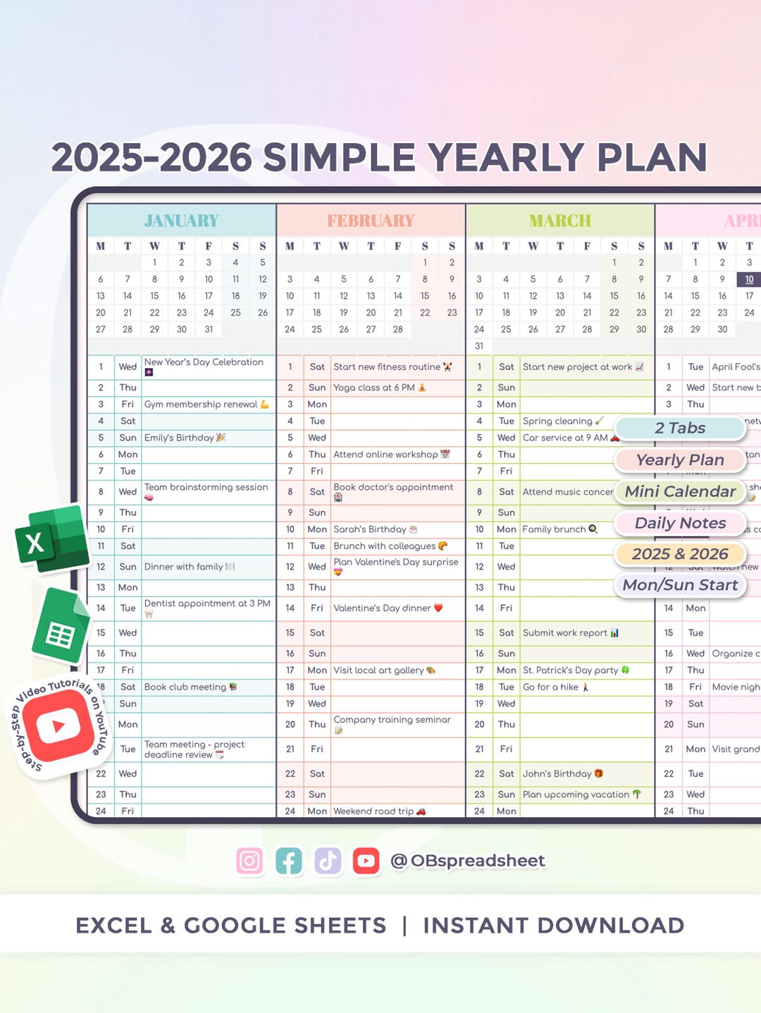 2025 2026 Simple Yearly Planner - Excel and Google Sheets - Monday ...