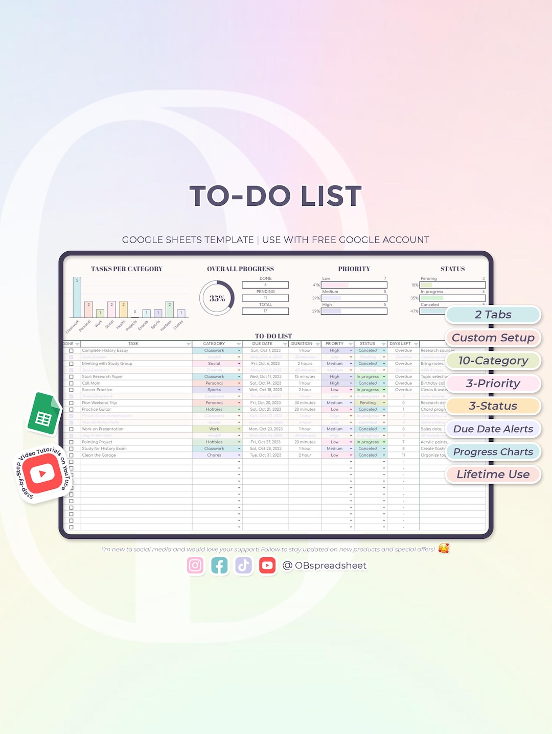 To Do List - Task Tracker - Customizing Category Priority Status - Google Sheets Template ...