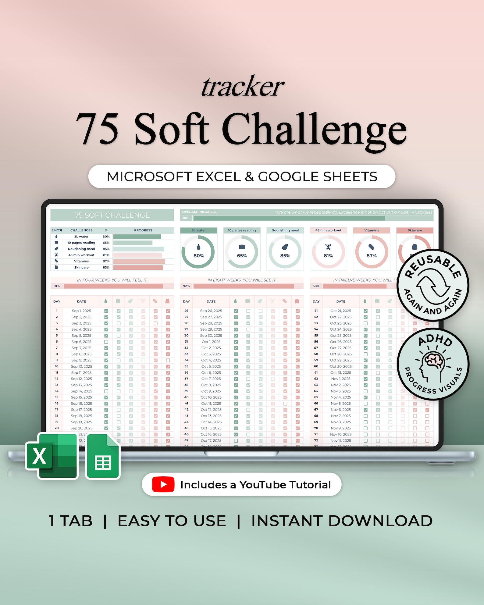 75 Soft Challenge - Habit Tracker - Excel and Google Sheets Template ...