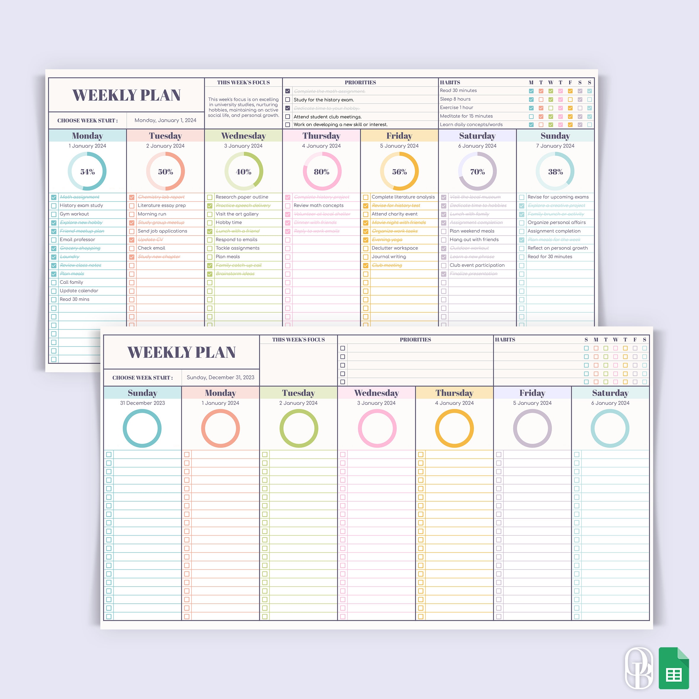 Simple and Effective Weekly Planner - Excel and Google Sheets Template ...