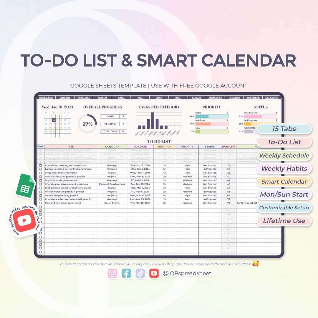 To-do List, Smart Calendar, Weekly Plan & Daily Schedule - Lifetime Usability - Google Sheets ...