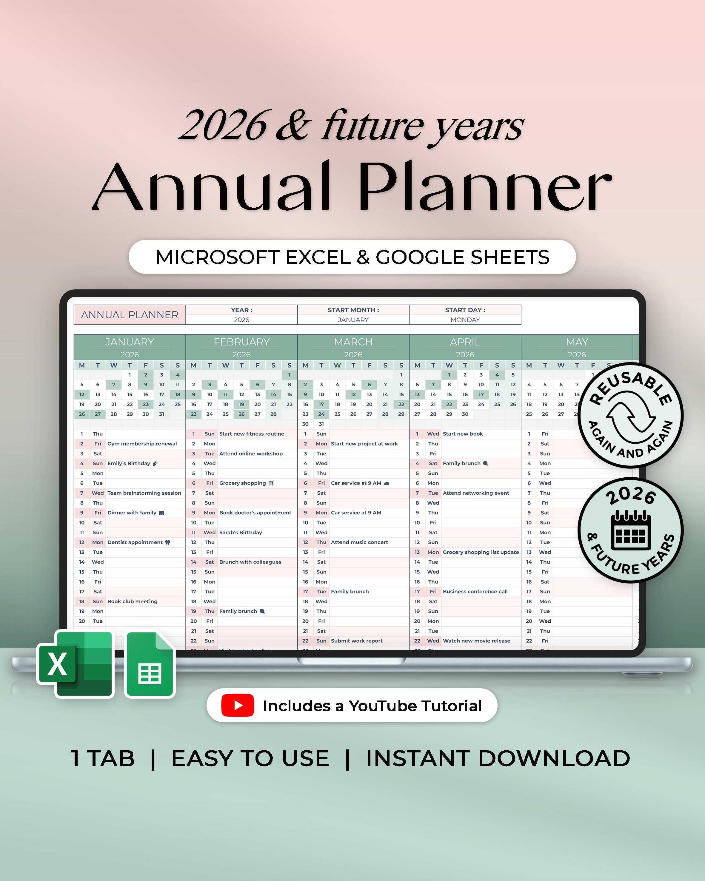 Annual Planner - 2026 & Future Years - Events, Birthdays, Daily Notes ...