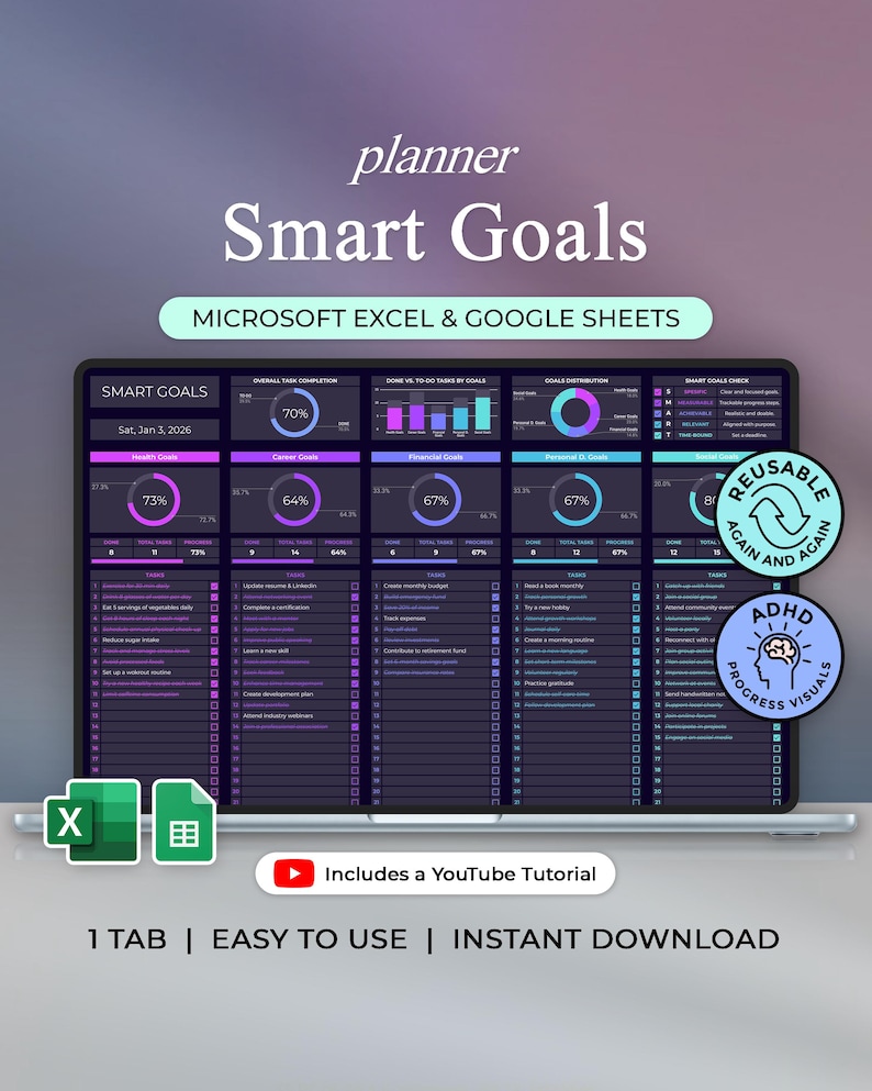 Buy Smart Goals Tracker - Goal Planner - Excel & Google Sheets Template ...