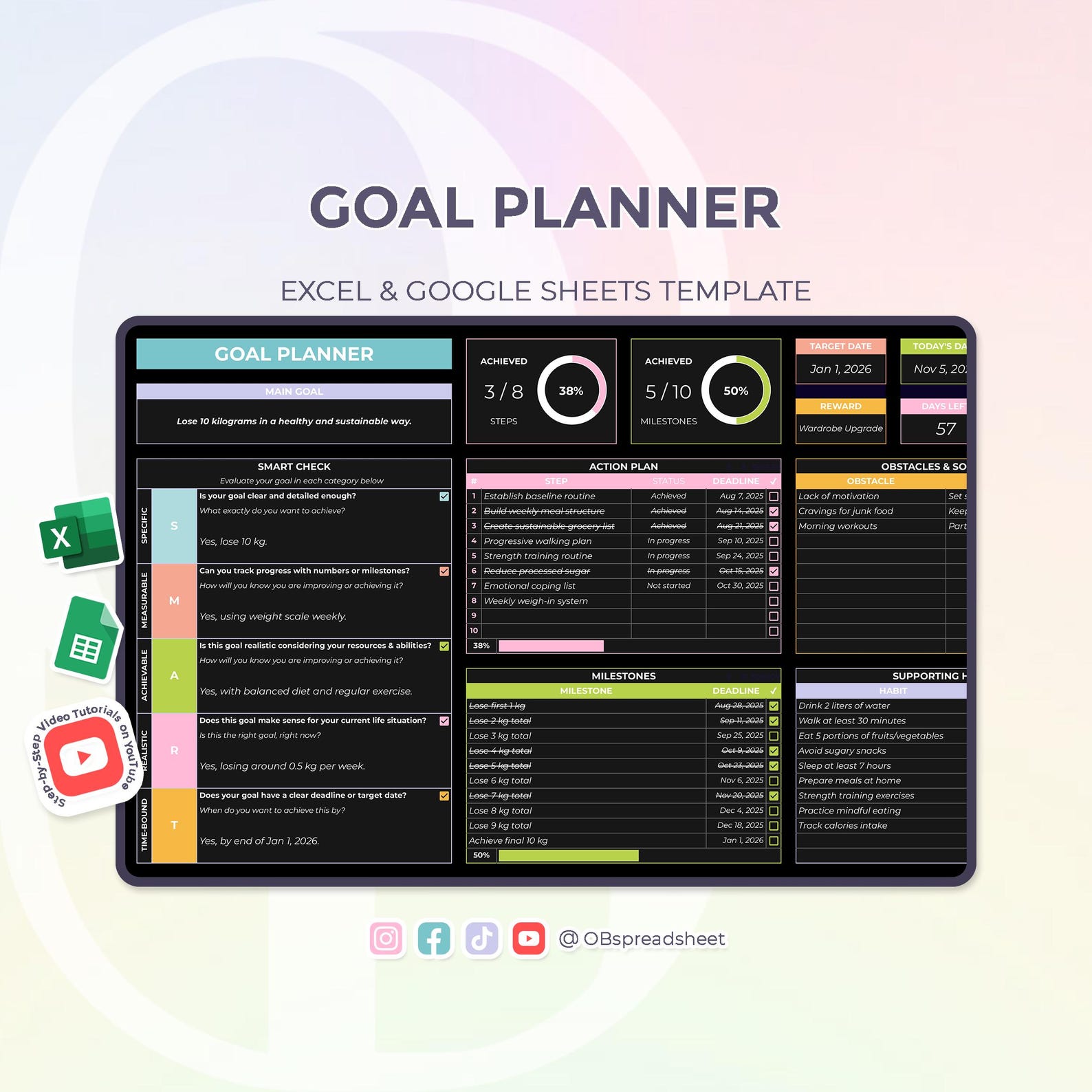 Goal Planner - Dark - Action Plan - Milestones - Smart Goal Tracker ...