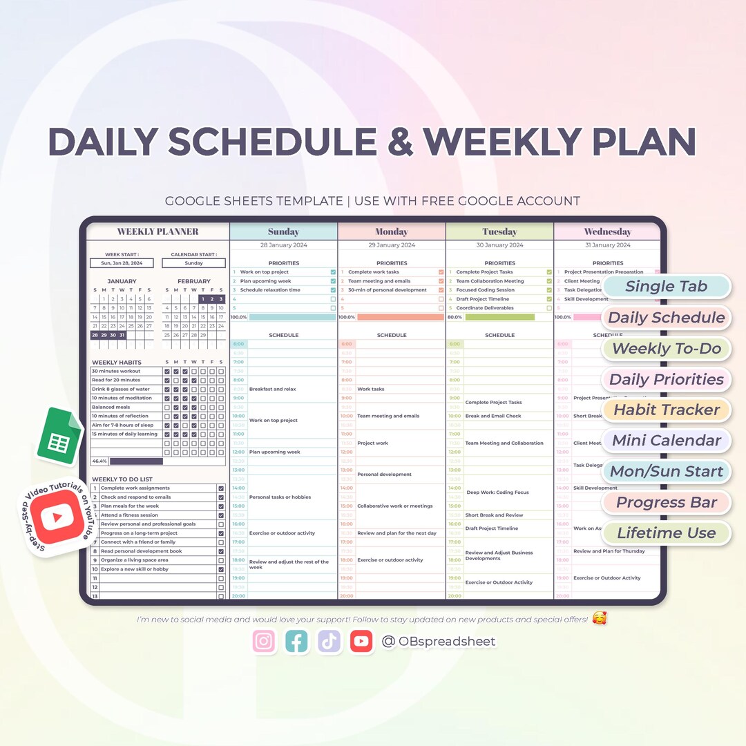 Daily Schedule & Weekly Plan - Google Sheets Template - Daily Checklist ...