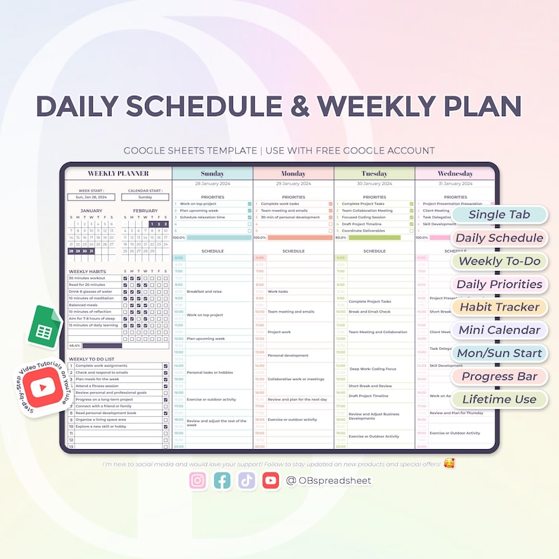 Daily Schedule & Weekly Plan - Google Sheets Template - Daily Checklist ...