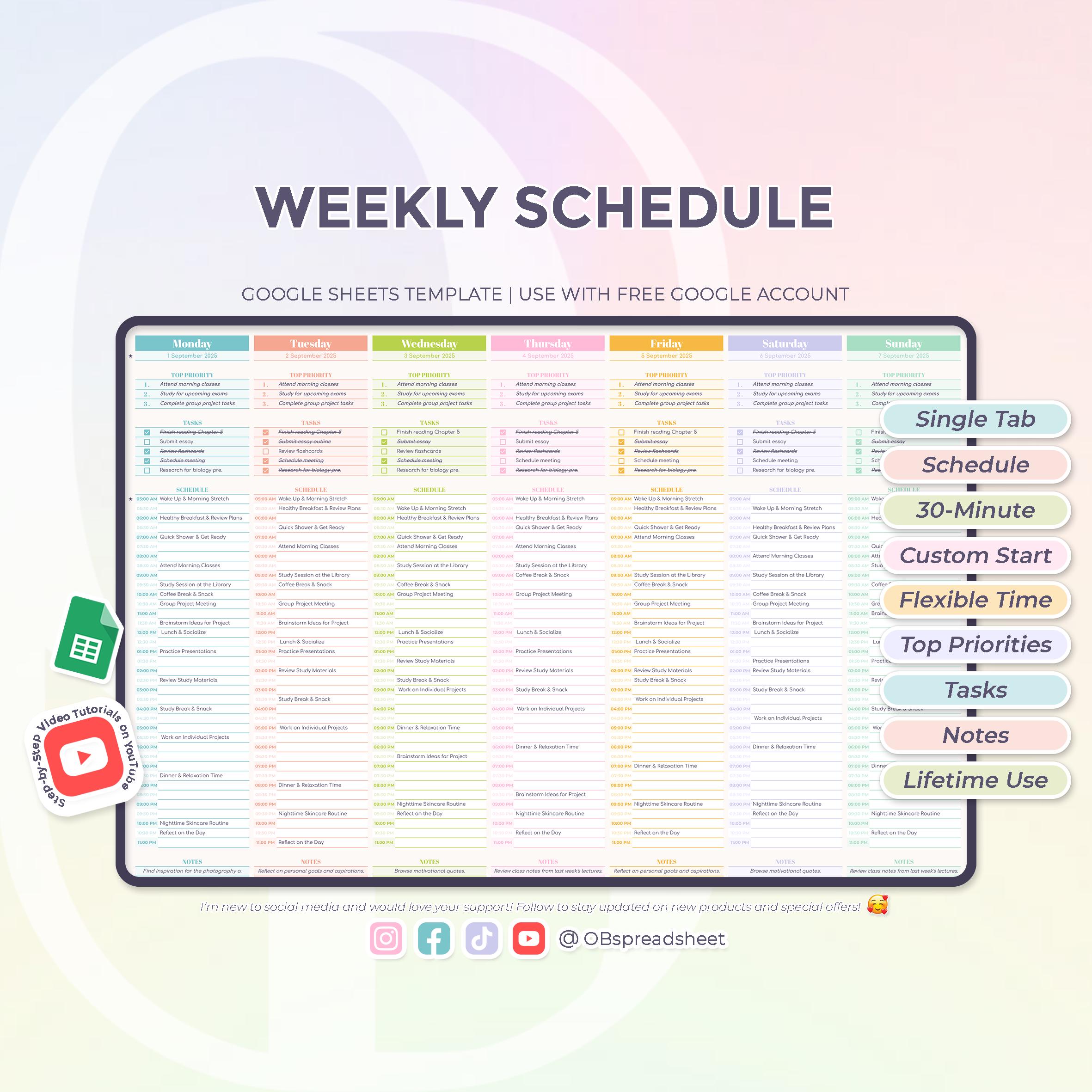 Customizable Weekly Schedule: 30-minute Intervals - Google Sheets Template - Daily Weekly ...