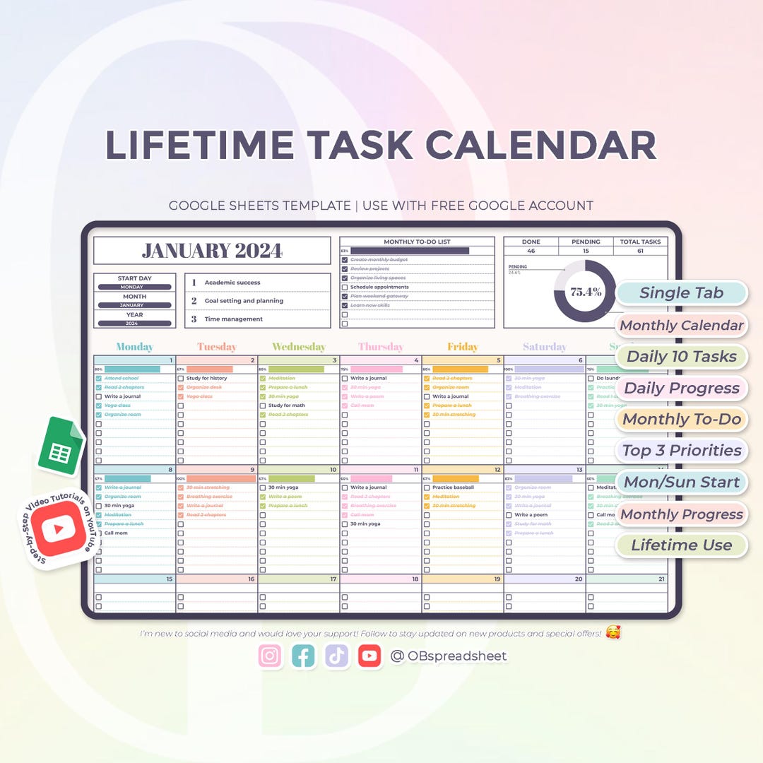Lifetime Task Calendar - Monthly Calendar - 2025 - Unlimited Years ...