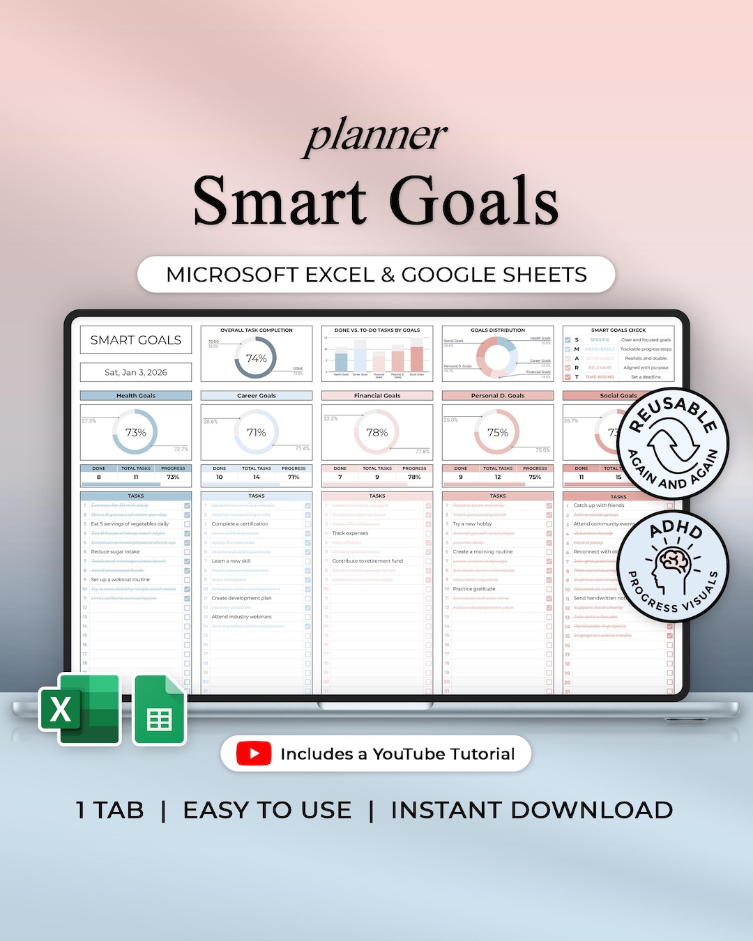 Smart Goals Tracker - Goal Planner - Excel & Google Sheets Template ...