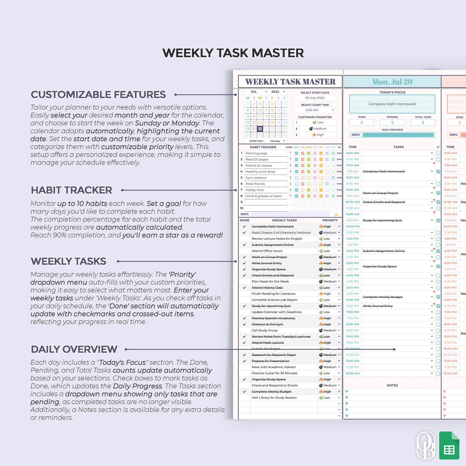 Weekly Task Master - Google Sheets Template - Daily Checklist - Weekly ...