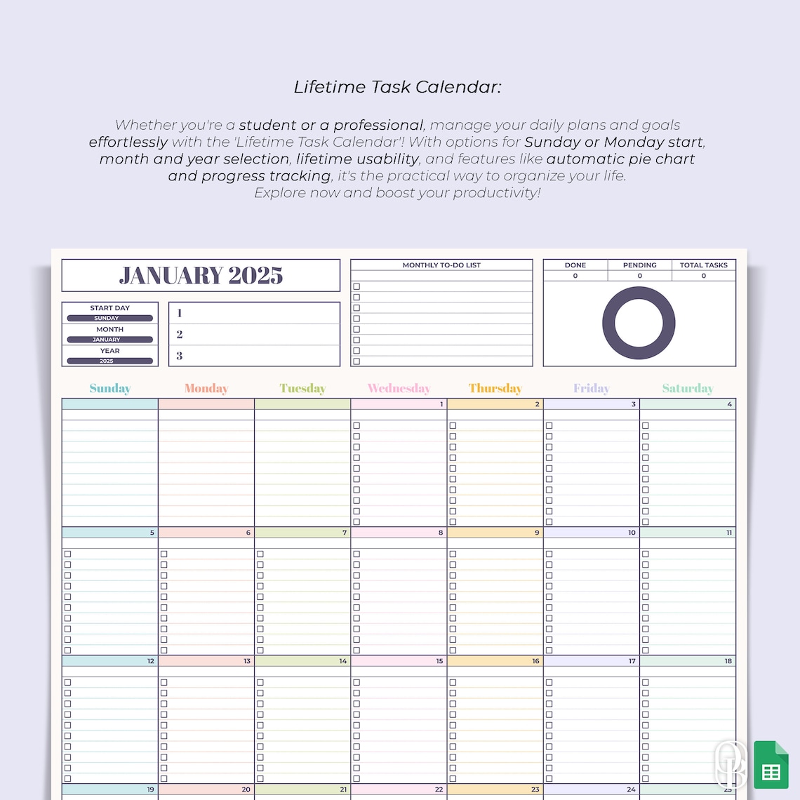Lifetime Task Calendar Monthly Calendar Unlimited Years Sunday & Monday ...