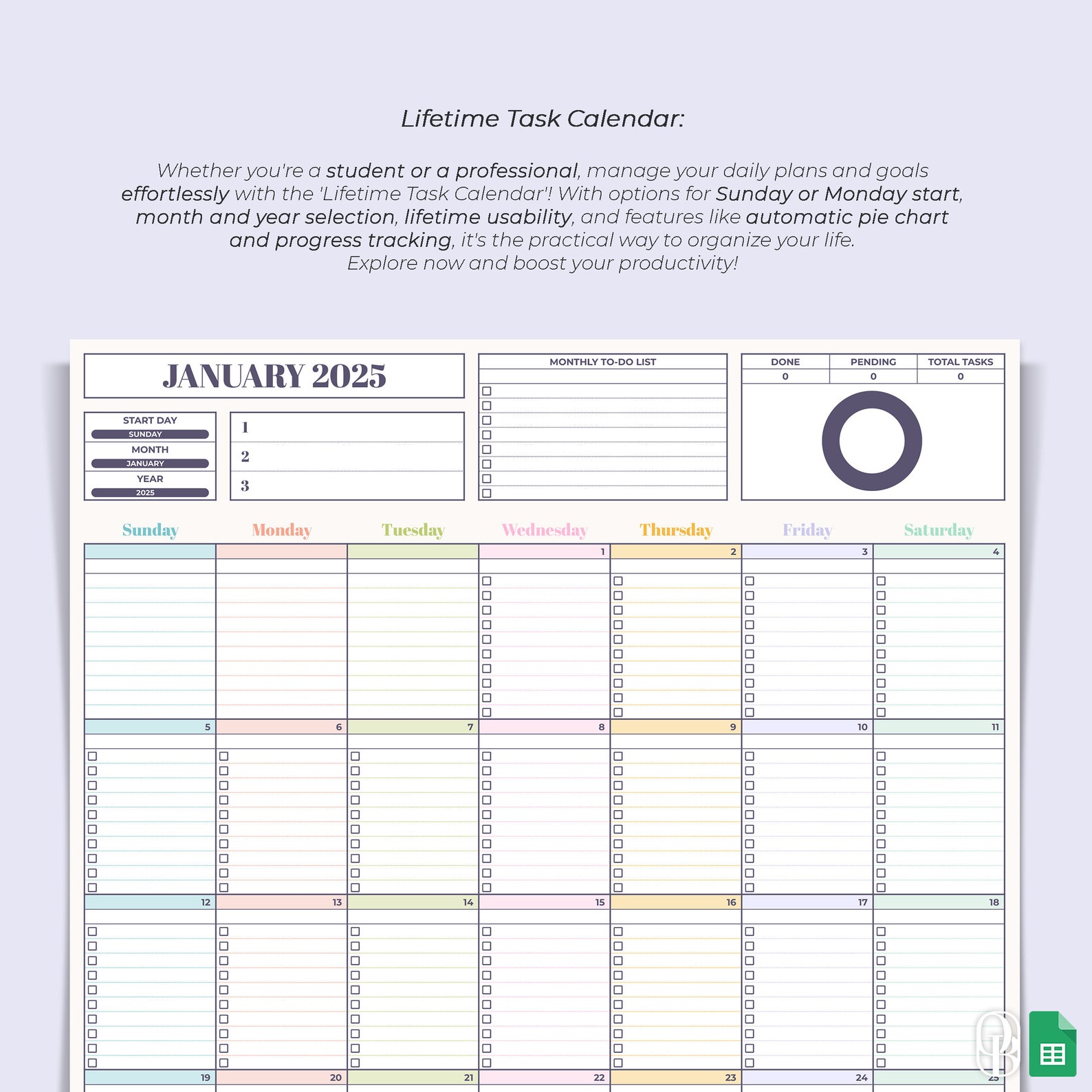 Lifetime Task Calendar Monthly Calendar Unlimited Years Sunday & Monday ...