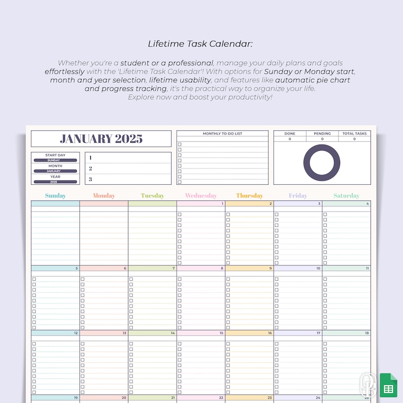 Lifetime Task Calendar - Monthly Calendar - 2025 - Unlimited Years ...