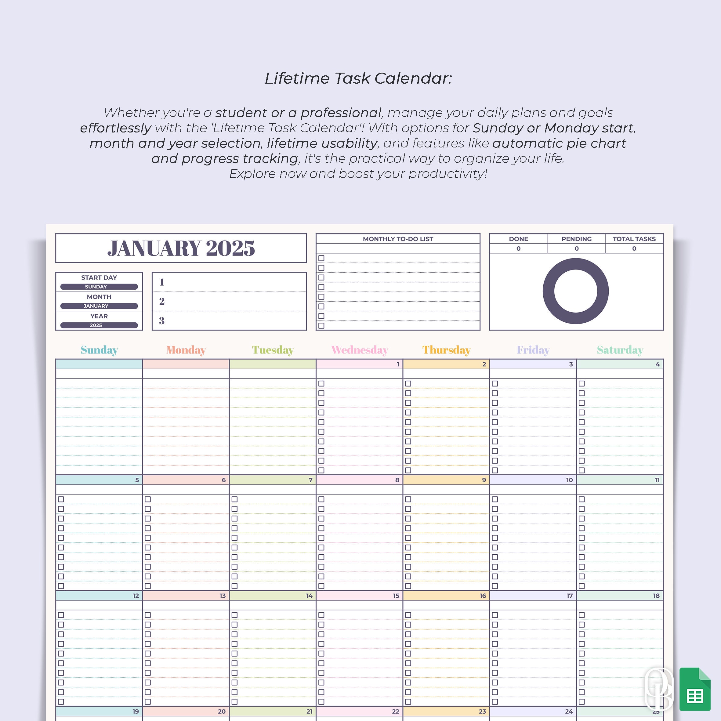 Lifetime Task Calendar Monthly Calendar Unlimited Years Sunday & Monday ...