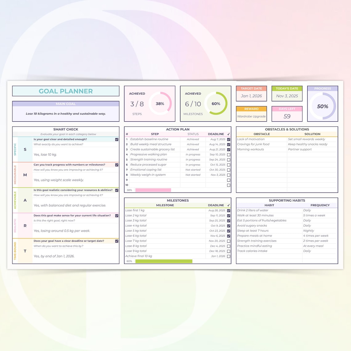 Goal Planner - Action Plan - Milestones - Smart Goal Tracker - Excel ...