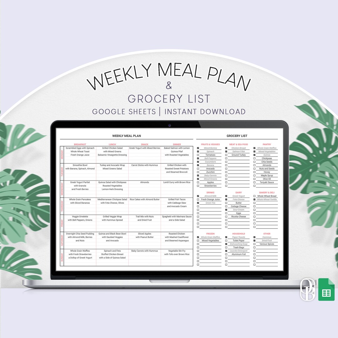 Weekly Meal Plan & Grocery List Food Shopping List Meal Planner Google ...